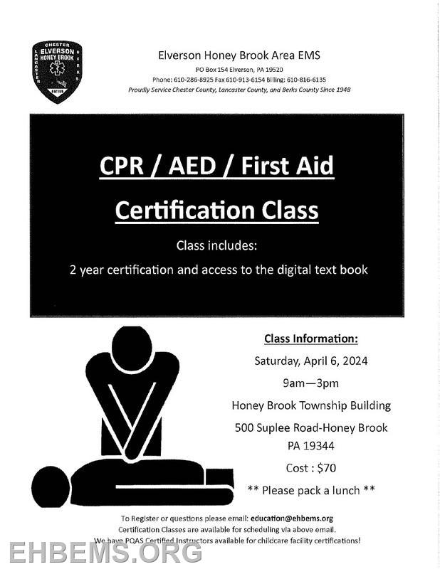 Upcoming Cpr Aed First Aid Certification Class Elverson Honeybrook Ems